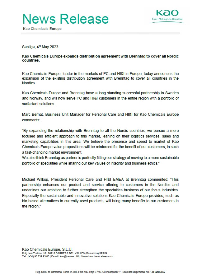 Press Releases | Kao Chemicals EU Press Releases | Kao Chemicals EU